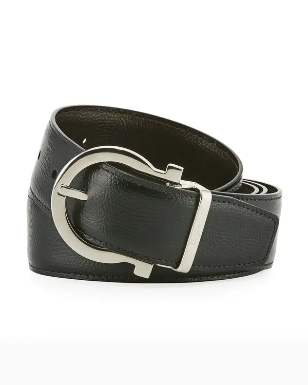 FERRAGAMO Stamped Leather Gancio Buckle Belt - Black/hickory