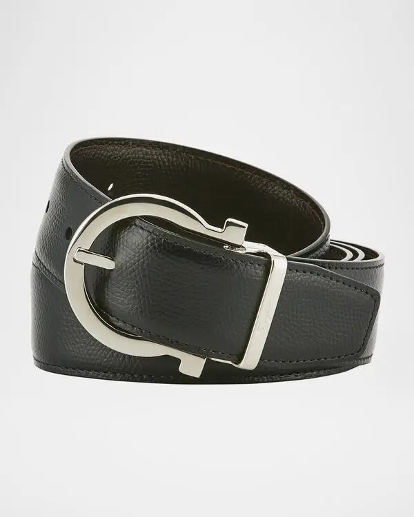 FERRAGAMO Stamped Leather Gancio Buckle Belt - Black/hickory