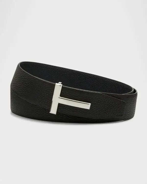 TOM FORD Signature T Reversible Leather Belt - Black/navy