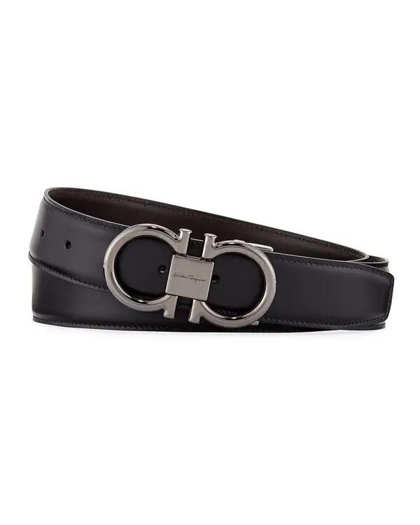 FERRAGAMO Double Gancini Reversible Leather Belt - Black