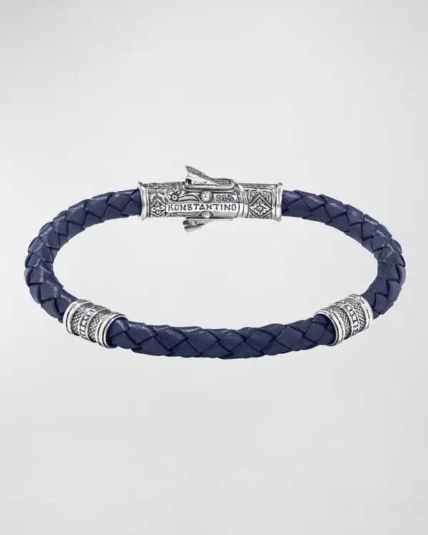 Konstantino Braided Leather And Sterling Silver Bracelet - Indigo