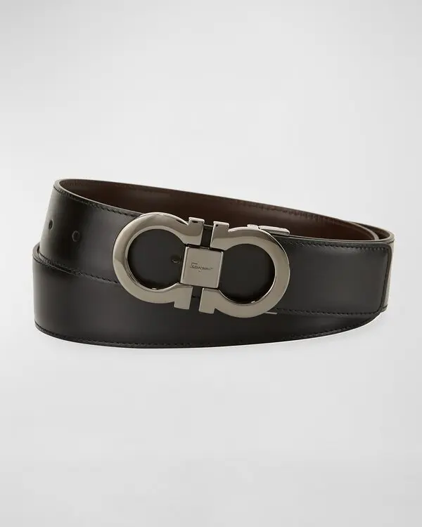 FERRAGAMO Reversible Leather Double Gancio Belt - Black/brown