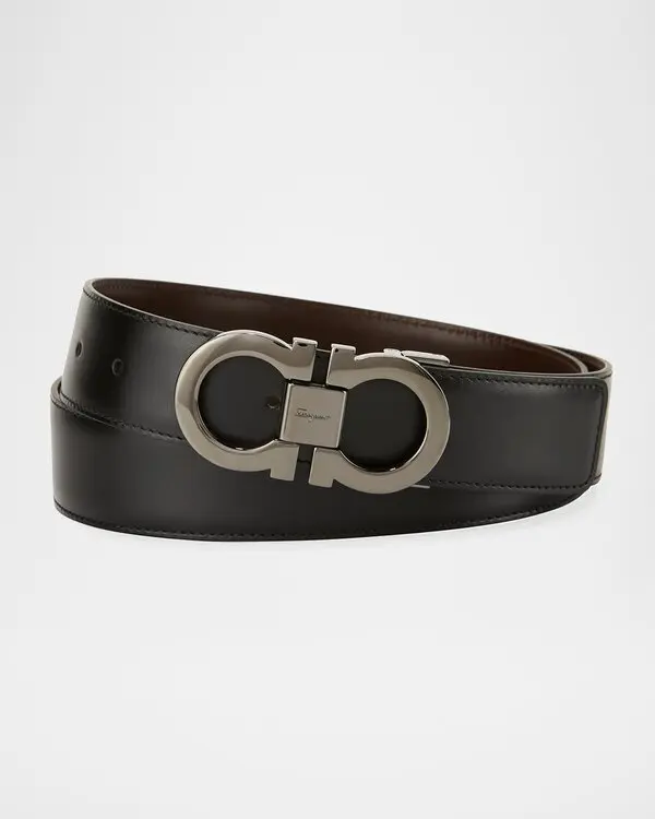 FERRAGAMO Reversible Leather Double Gancio Belt - Black/brown