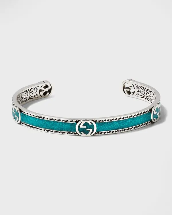Gucci Interlocking G Silver & Enamel Cuff Bracelet - Green