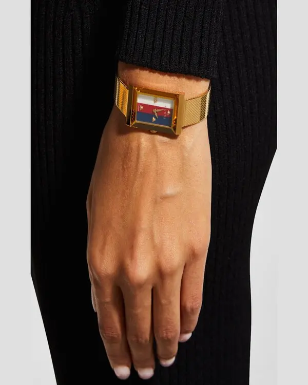Gucci G-frame Rectangular Mother-of-pearl Watch W/ Mesh Strap