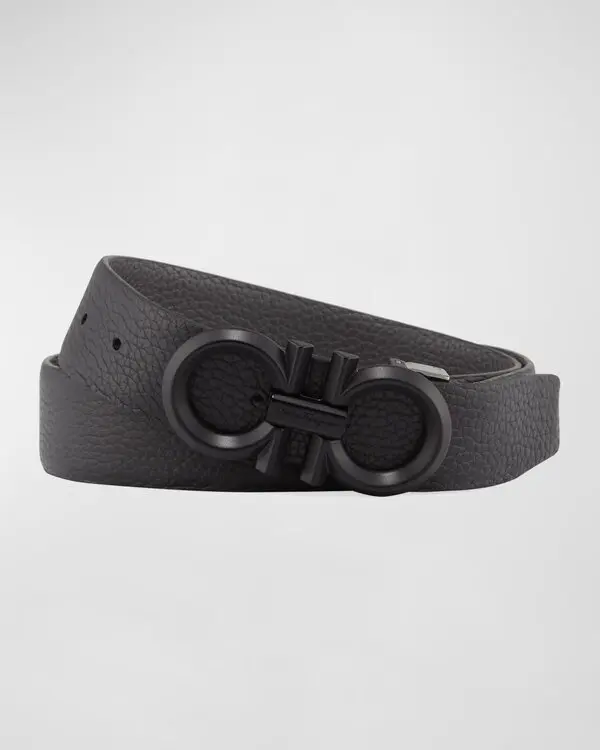 FERRAGAMO Reversible Textured Leather Belt With Gancini Buckle - Black