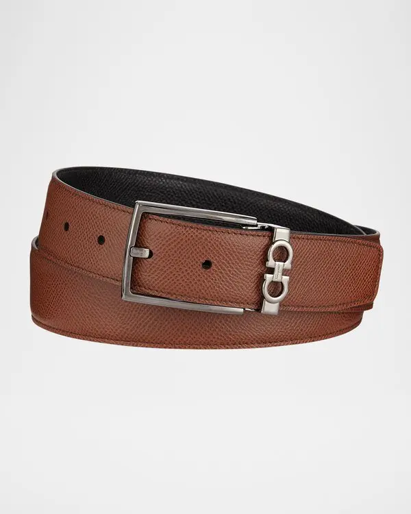 FERRAGAMO Textured Leather Belt With Gancini - Beige
