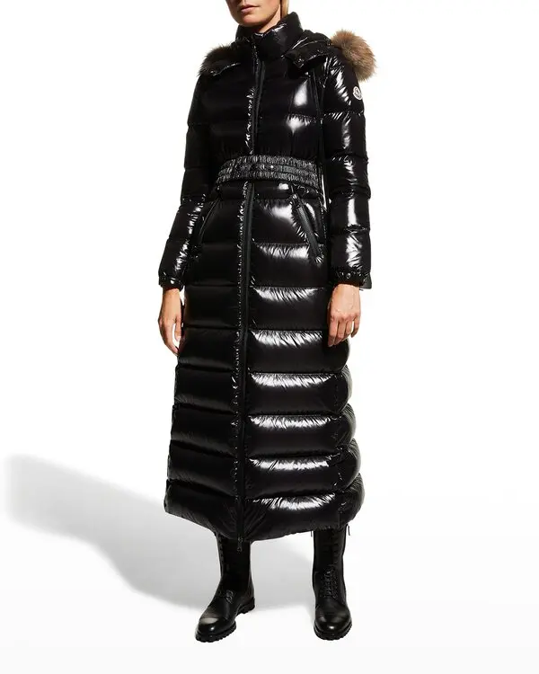 Moncler Hudson Long Puffer Coat With Fur Hood In Black 25% Off
