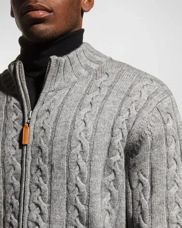 Neiman Marcus Merino Wool-cashmere Cable Sweater - Light Grey