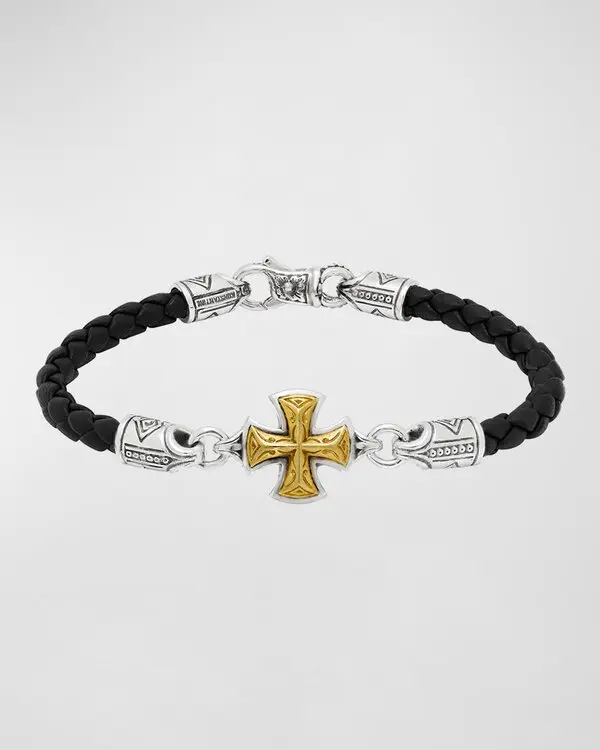 Konstantino Perseus Leather Bracelet With Silver And Bronze Cross - Black