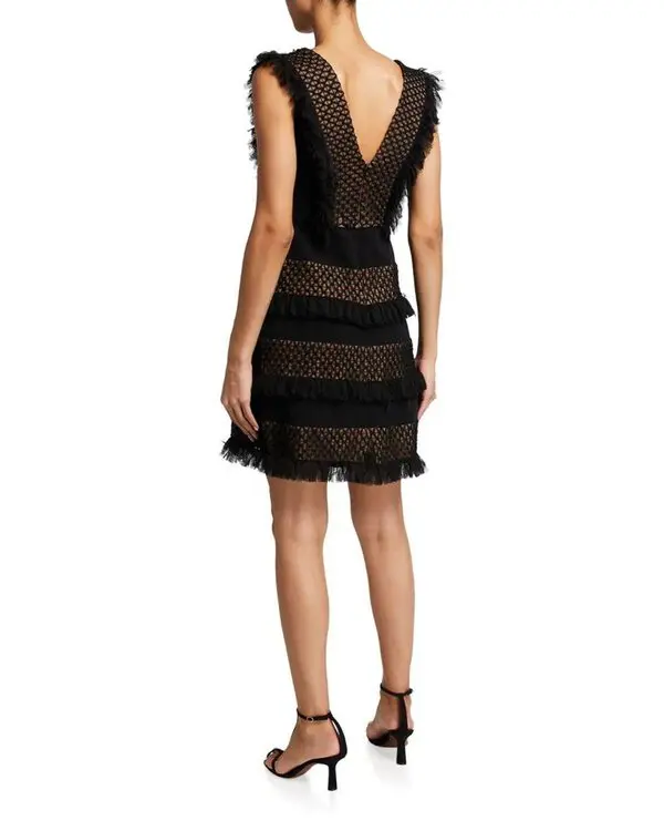 Tadashi Shoji Deep V-neck Tiered Ruffle Lace Dress - Blacknude