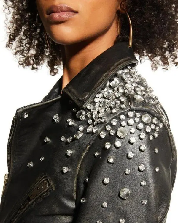 GOLDEN GOOSE Distressed Leather Jacket With Crystals - Black