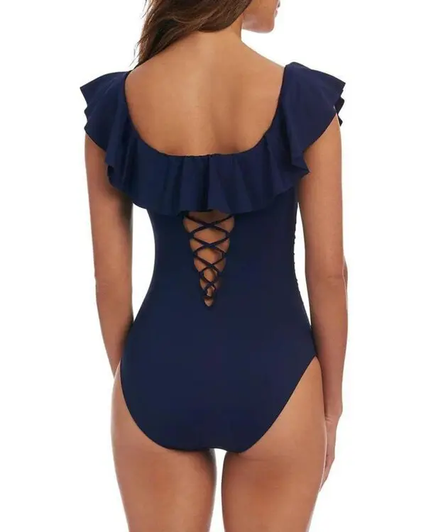 La Blanca Off-the-shoulder Ruffle Lace-up One-piece Swimsuit - Black