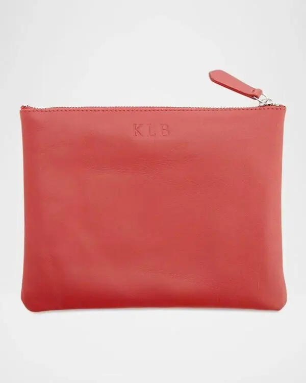 ROYCE NEW YORK Monogrammed Leather Zuppered Travel Organizer Pouch - Red