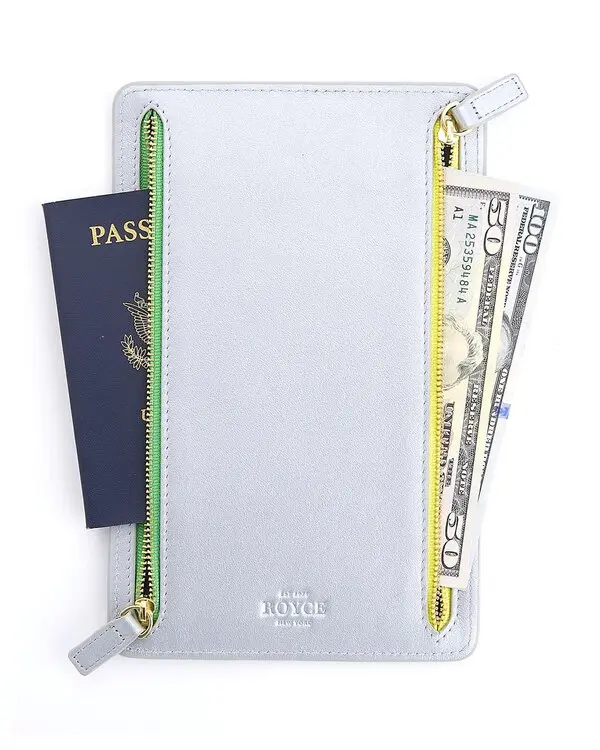 ROYCE NEW YORK Monogrammed Leather Rfid Blocking Foup Zip Travel Organizer - Silver