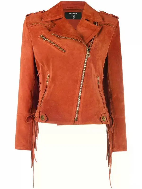 Balmain X Netflix Fringed Suede Asymmetric-zip Biker Jacket - Orange