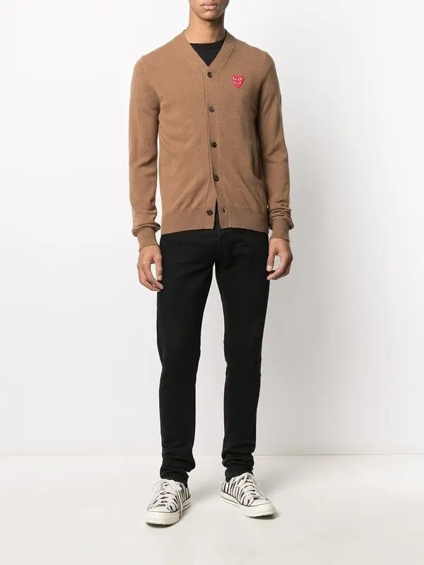 Play Comme Des Garcon Embroidered Logo-patch Cardigan - Brown