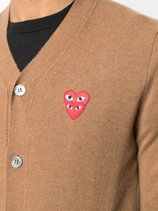 Play Comme Des Garcon Embroidered Logo-patch Cardigan - Brown