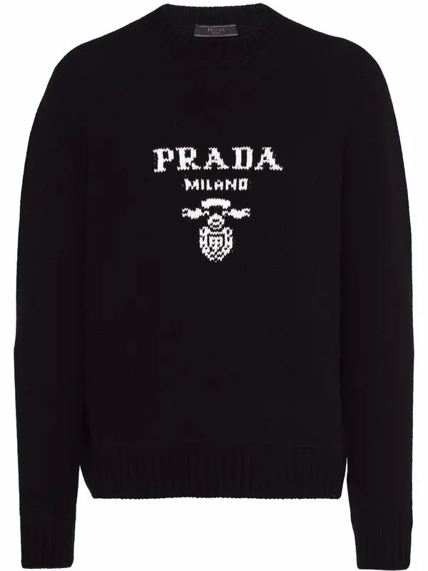 Prada Wool And Cashmere Crew Neck Sweater With Embroidered Logo