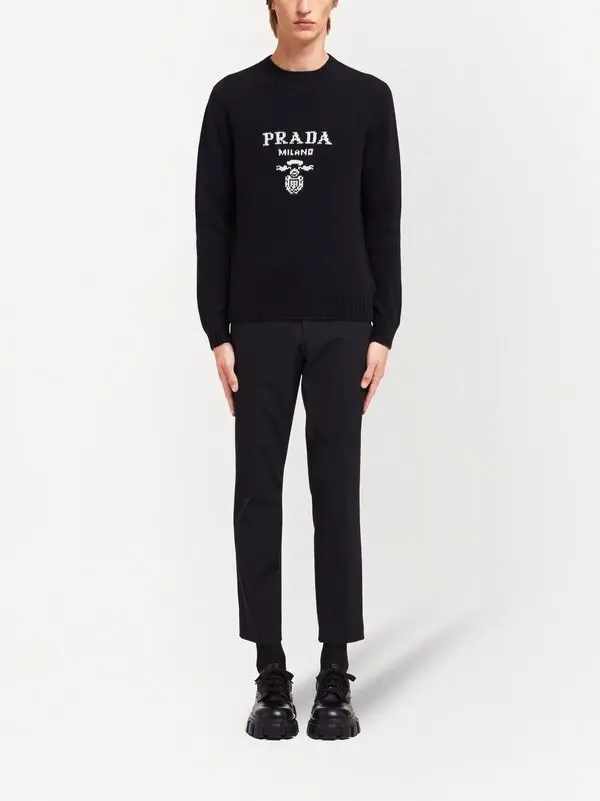 Prada Wool And Cashmere Crew Neck Sweater With Embroidered Logo