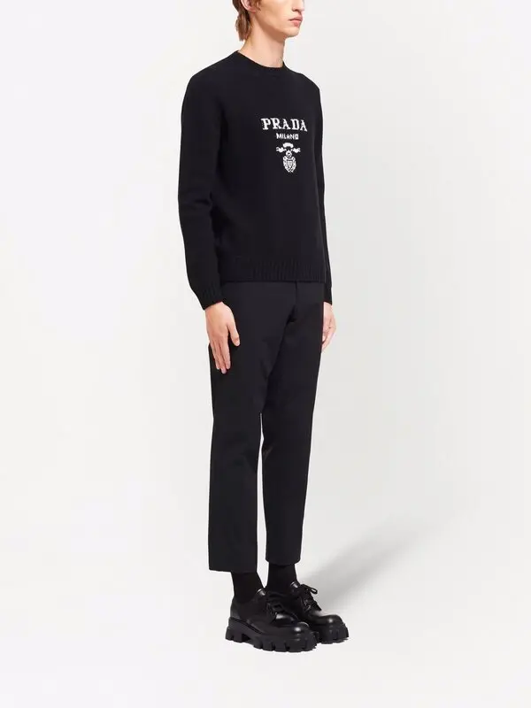 Prada Wool And Cashmere Crew Neck Sweater With Embroidered Logo