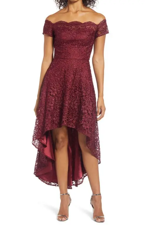 Chi Chi London Penna Crochet Off The Shoulder High/Low Dress - Burgundy |  Editorialist