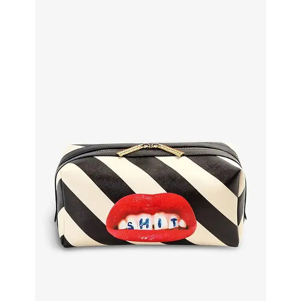 SELETTI Toiletpaper Lipstick-print Canvas Wash Bag - Black/cream