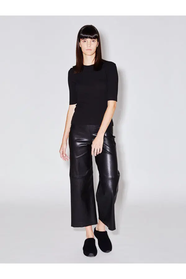 Rosetta Getty Pull On Cropped Straight Leather Pant - Black / White
