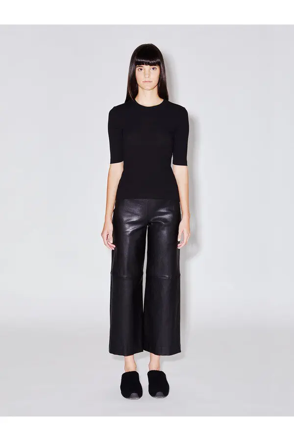Rosetta Getty Pull On Cropped Straight Leather Pant - Black / White
