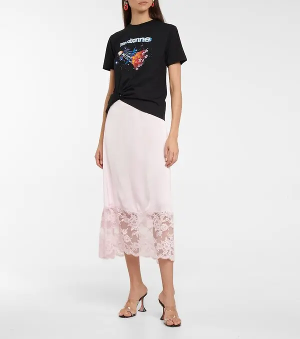 Rabanne Lace-trimmed Satin Midi Skirt