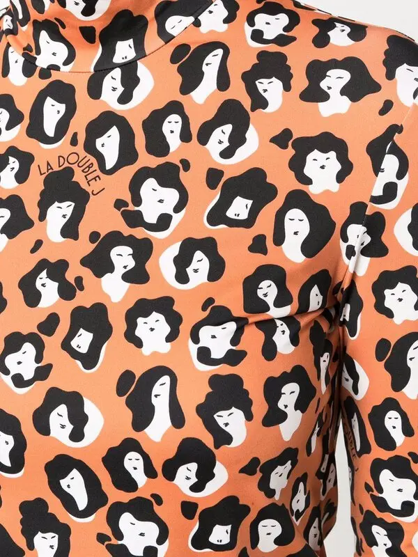 La DoubleJ Face-animal Print Turtleneck Top - Orange