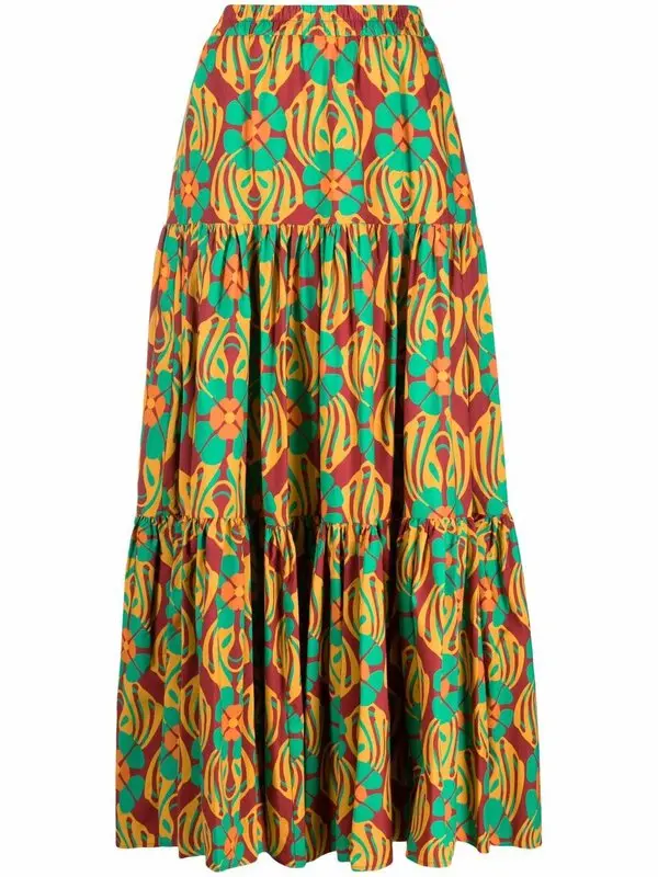 La DoubleJ Graphic Print Tiered Maxi Skirt - Green