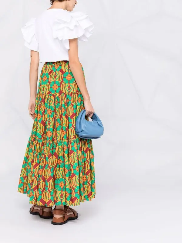 La DoubleJ Graphic Print Tiered Maxi Skirt - Green