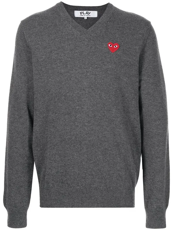 Play Comme Des Garcon V-neck Knitted Jumper - Grey