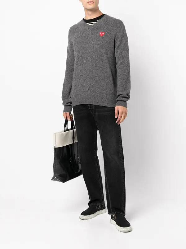 Play Comme Des Garcon V-neck Knitted Jumper - Grey