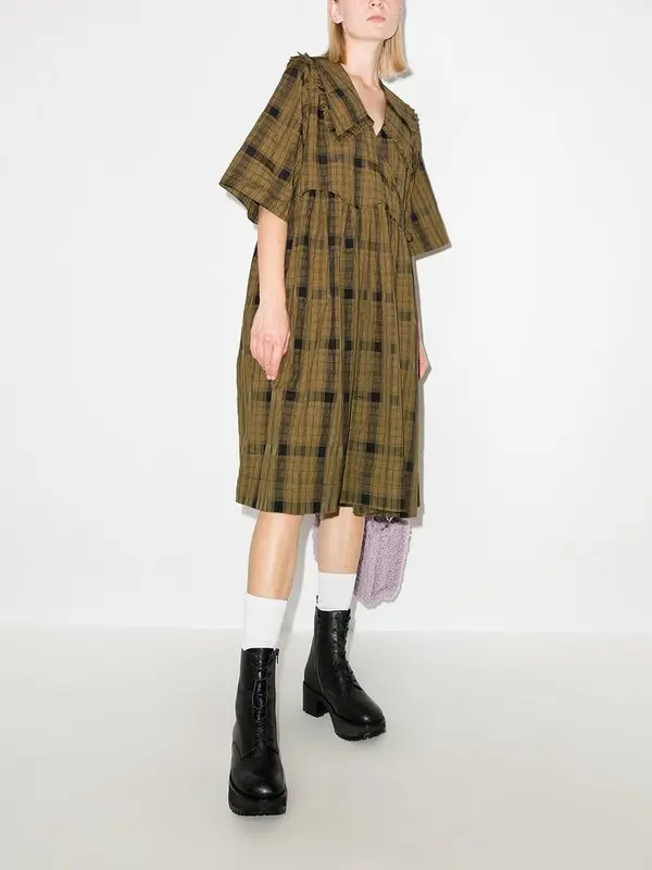GANNI Peter Pan Collar Checked Midi Dress