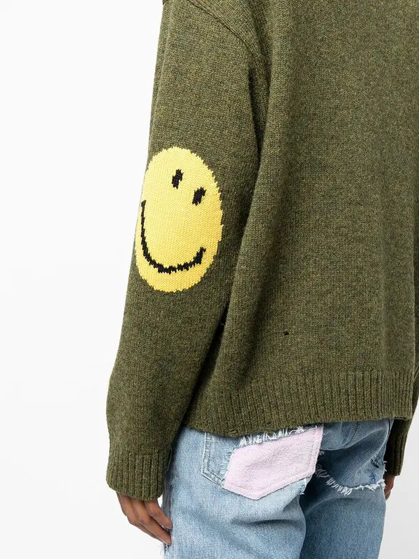 Kapital Smilie Elbow-Patch Crewneck Jumper - Green | Editorialist