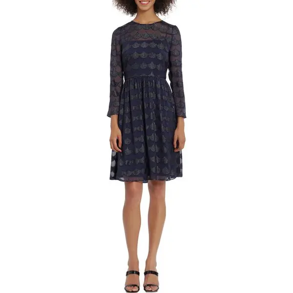 Maggy London Scallop Burnout Long Sleeve A-line Dress