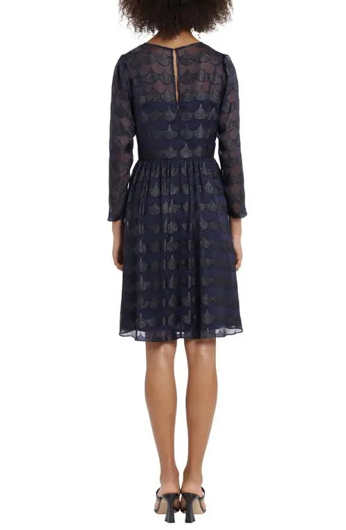 Maggy London Scallop Burnout Long Sleeve A-line Dress
