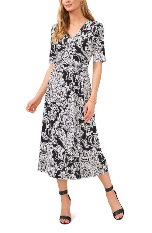 Chaus Paisley Wrap Front Knit Midi Dress - Black/ White
