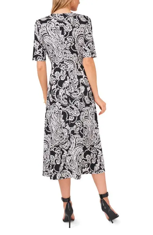 Chaus Paisley Wrap Front Knit Midi Dress - Black/ White
