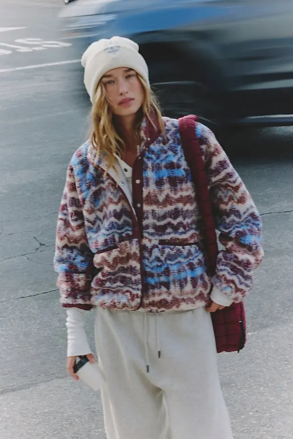 Free People Hit The Slopes Printed Fleece Jacket - Denim Combo