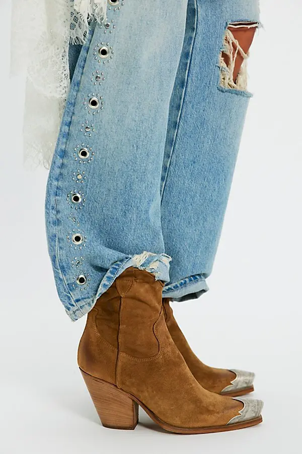 Free People Western Style Leather Boots With Etched Metal Toe - Ocre Suede