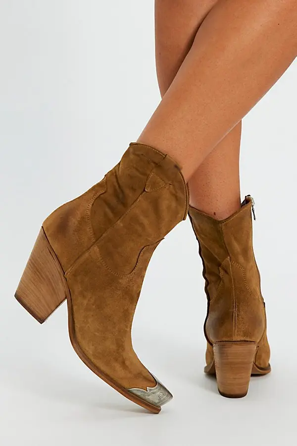 Free People Western Style Leather Boots With Etched Metal Toe - Ocre Suede