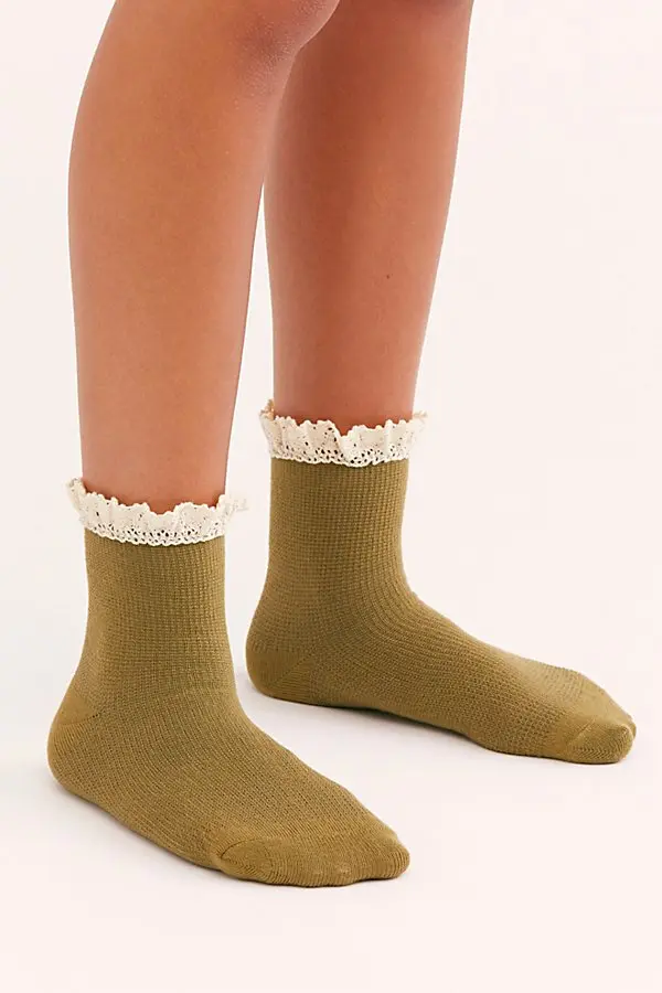 Free People Waffle Knit Ankle Socks - Olive