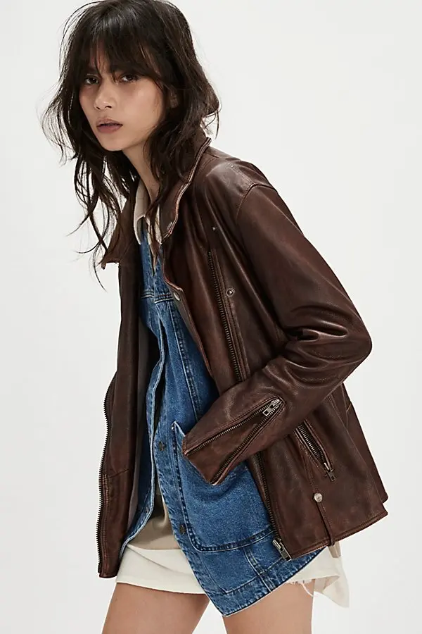 Free People We The Free Jealousy Leather Moto Jacket - Chocolate Fondant