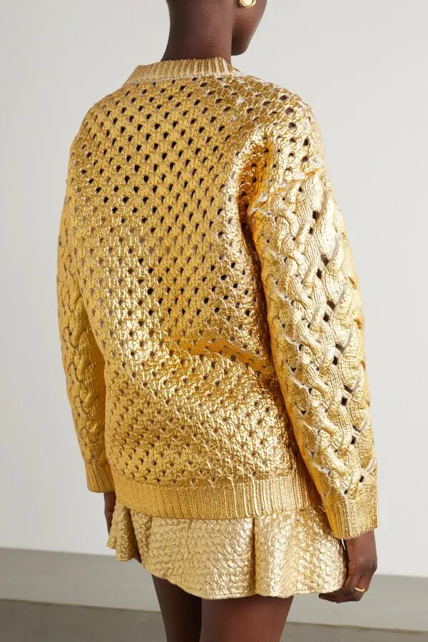 Valentino Garavani Metallic Coated Cable-Knit Wool Sweater In Gold