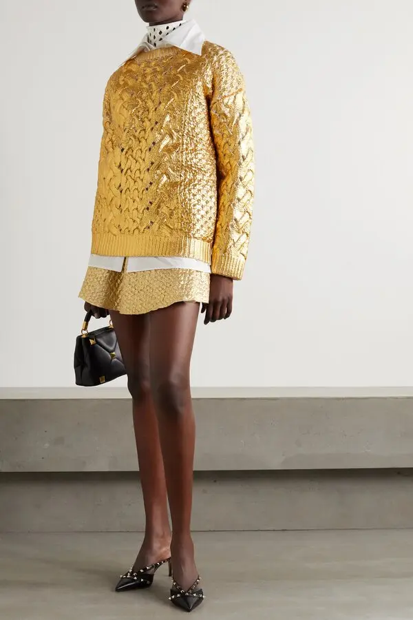 Valentino Garavani Metallic Coated Cable-Knit Wool Sweater In Gold