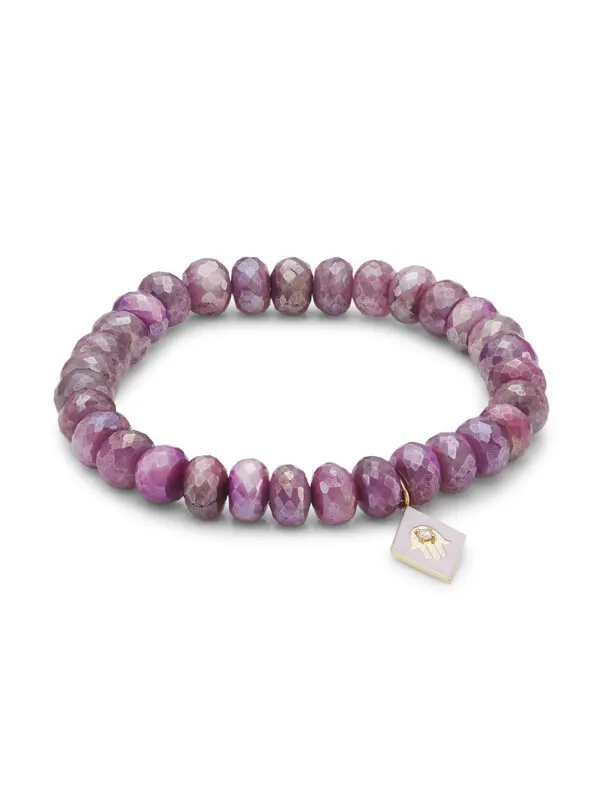 SYDNEY EVAN 14k Yellow Gold, Mystic Moonstone & Diamond Hamsa Charm Bracelet - Pink