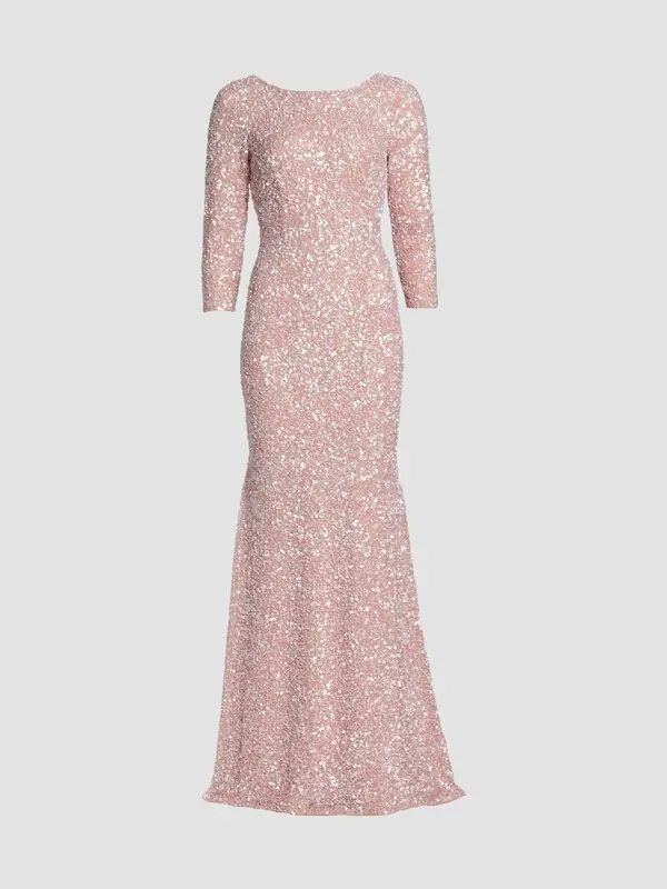 Theia Three-quarter Sleeve Sequin Sheath Gown - Blush